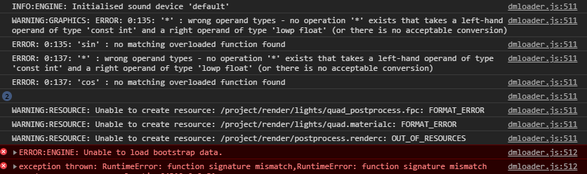 Crash at start of HTML5 game: RuntimeError: function signature mismatch ... Crash at start of HTML5 game: RuntimeError: function signature mismatch ...